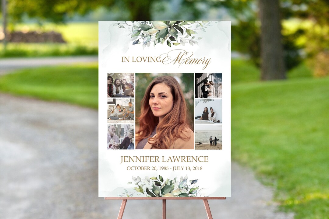 Editable Funeral Sign Greenery Leaves , Photo Collage Funeral Sign ...