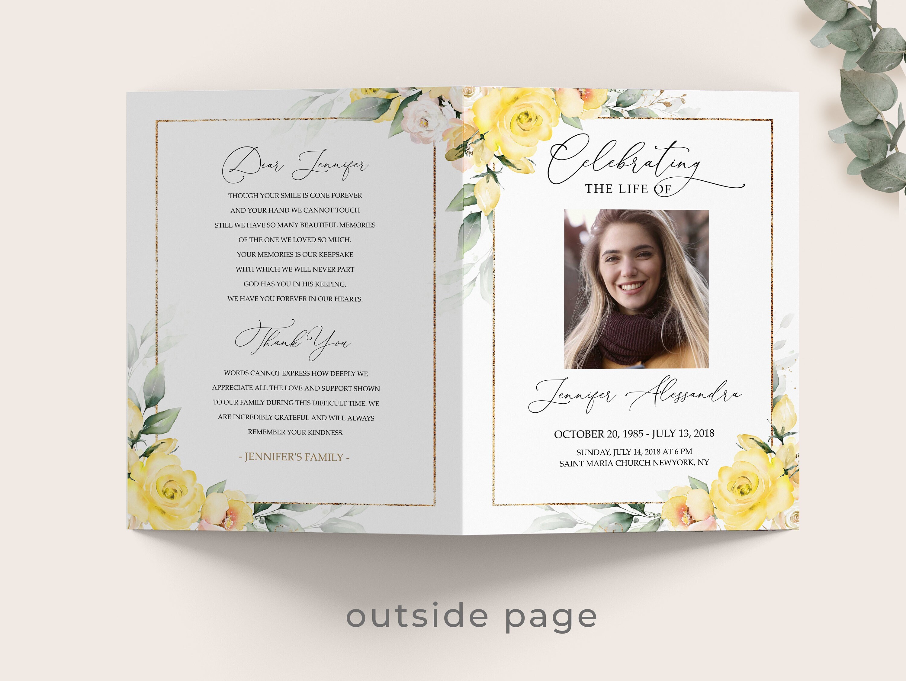 Editable Funeral Program Template Yellow Roses, Floral Memorial Service ...