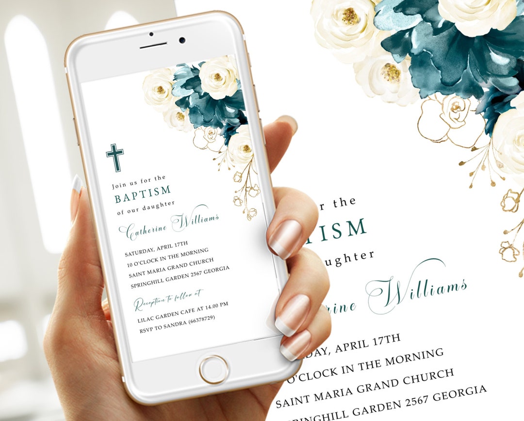 Digital Baptism Text Invitation Template, Teal and White Roses Theme ...
