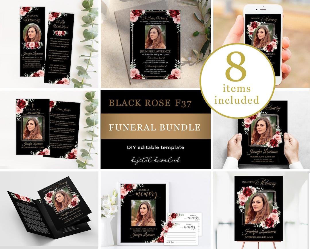 Editable Funeral Bundle Template Black Rose Red Gold Watercolour ...