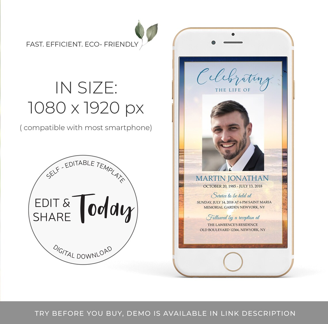 Editable Funeral Evite Funeral Announcement Beach Sunset Digital ...