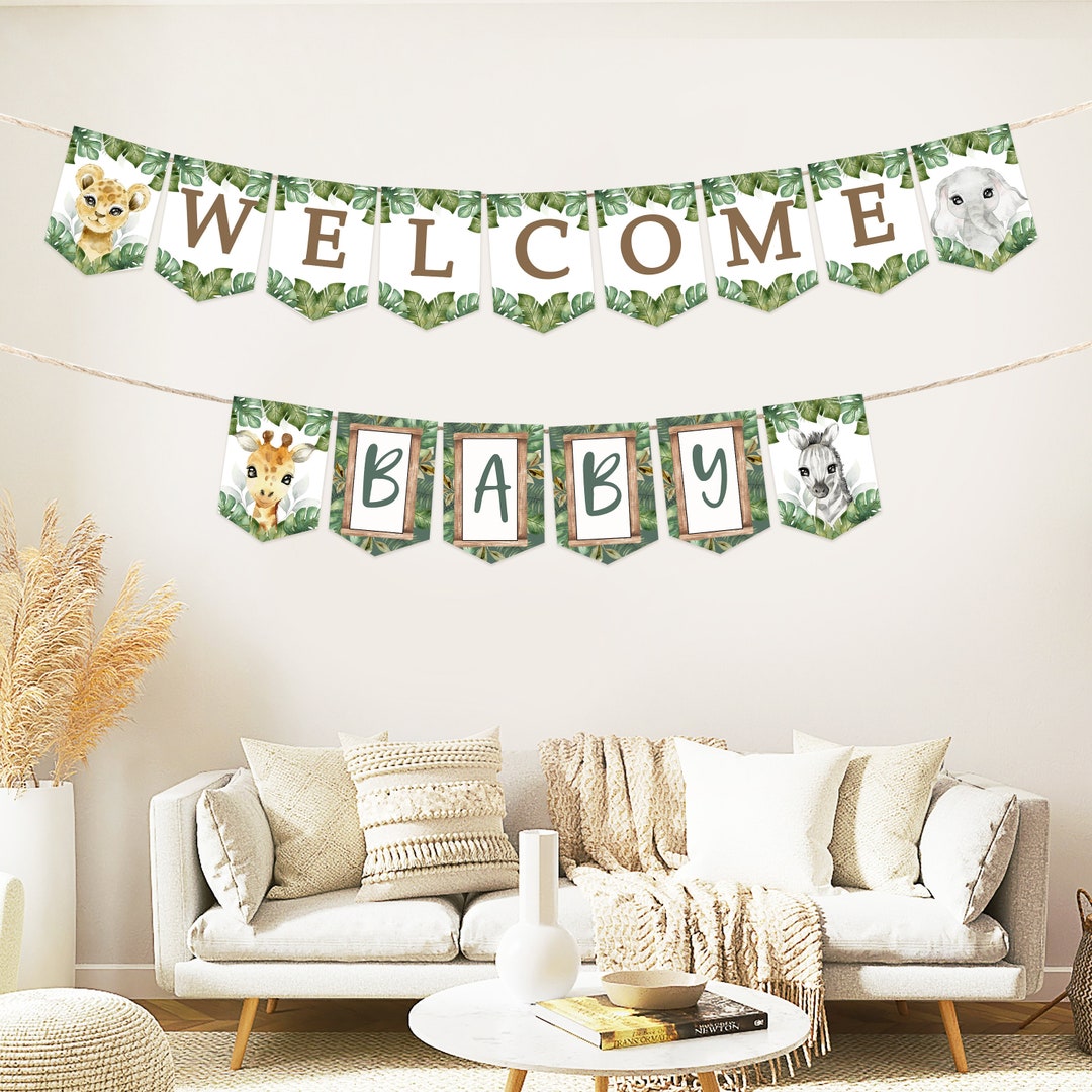 Plantilla de banner de banderín de baby shower, animales de Safari ...