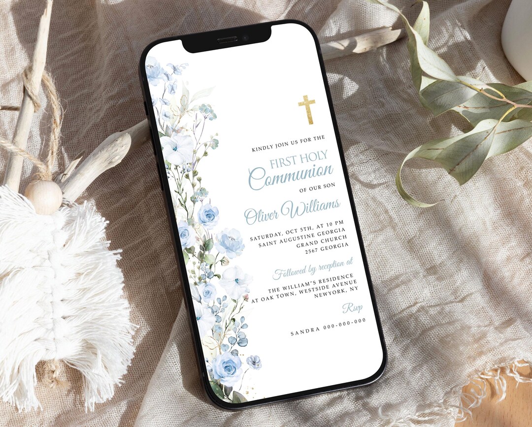 Digital First Holy Communion Text Invitation Template Rustic Blue ...