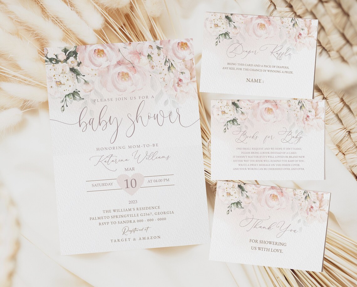 BLUSH Pink Rose Baby Shower Invitation Template, Printable Baby Shower ...