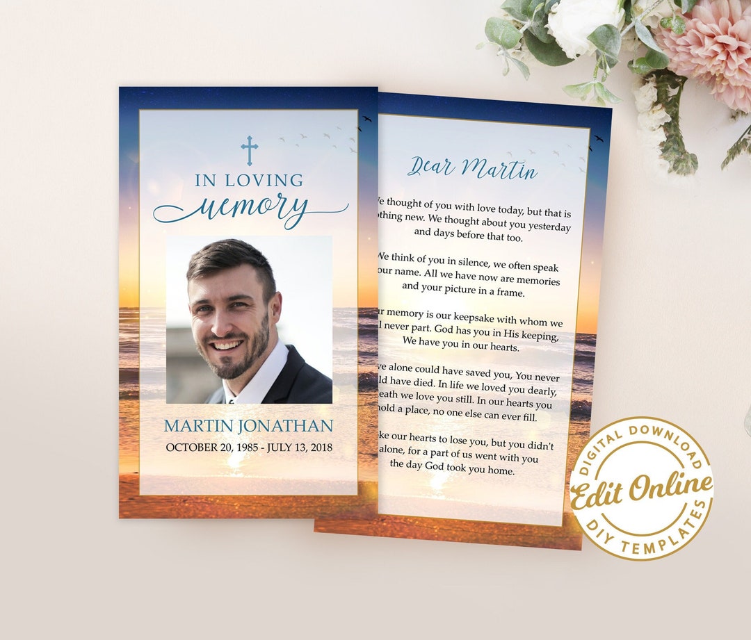 Editable Funeral Prayer Card Template Sunset Editable Memorial Prayer ...
