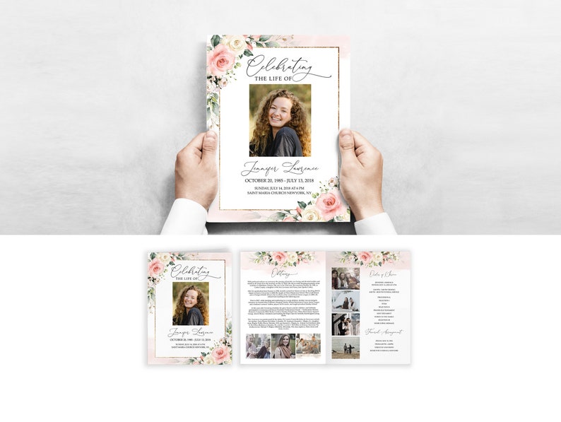 Editable Funeral Program Template Blush White Roses, Pink Floral ...