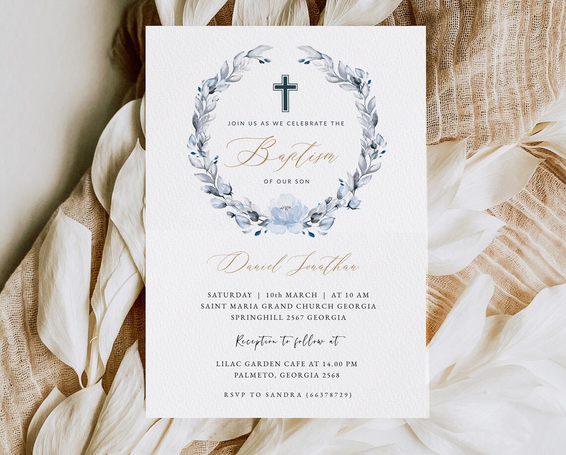 Baptism Invitation Template With Cross Blue Baptism Elegant Boy and ...