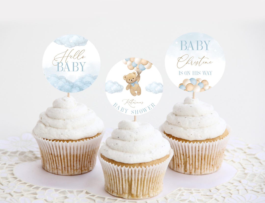 Editable Bear Blue Air Hot Balloon Baby Shower Cupcake Toppers, Blue ...