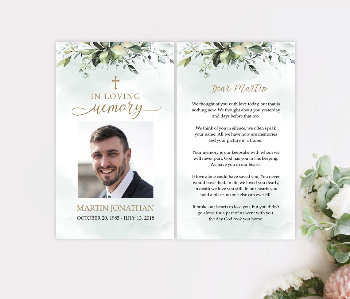 Prayer Card Template, Memorial Prayer Card, Greenery Funeral, Prayer ...