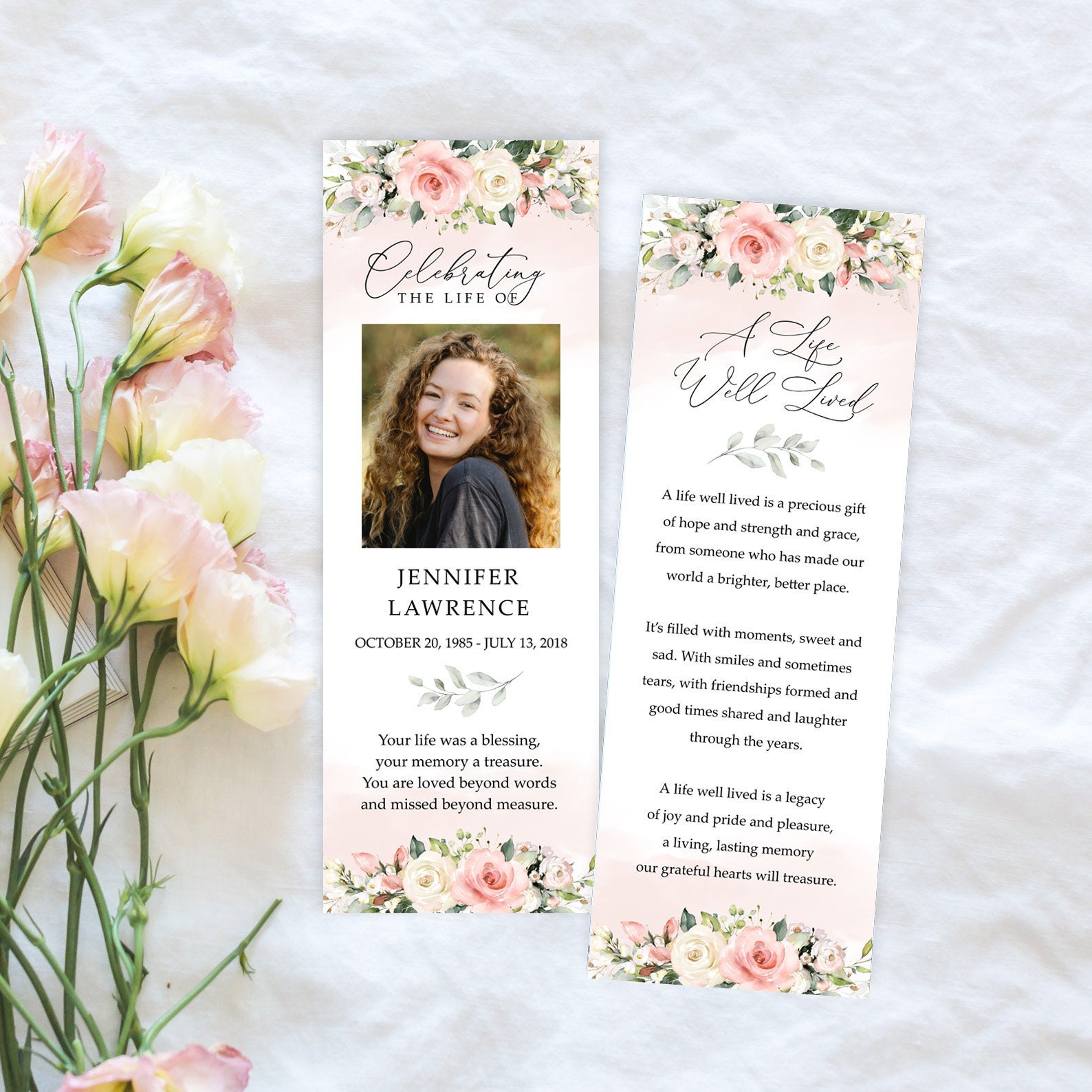 Editable Funeral Bookmark, Pink Rose Blush Personalized Bookmark ...
