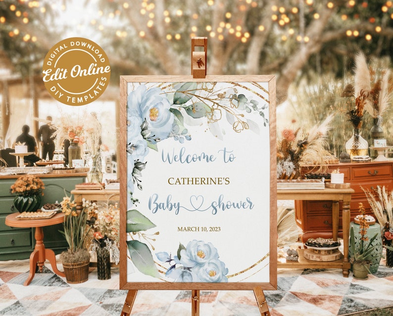 Blue Baby Boy Baby Shower Welcome Sign, Blue Floral Baby Shower Welcome ...