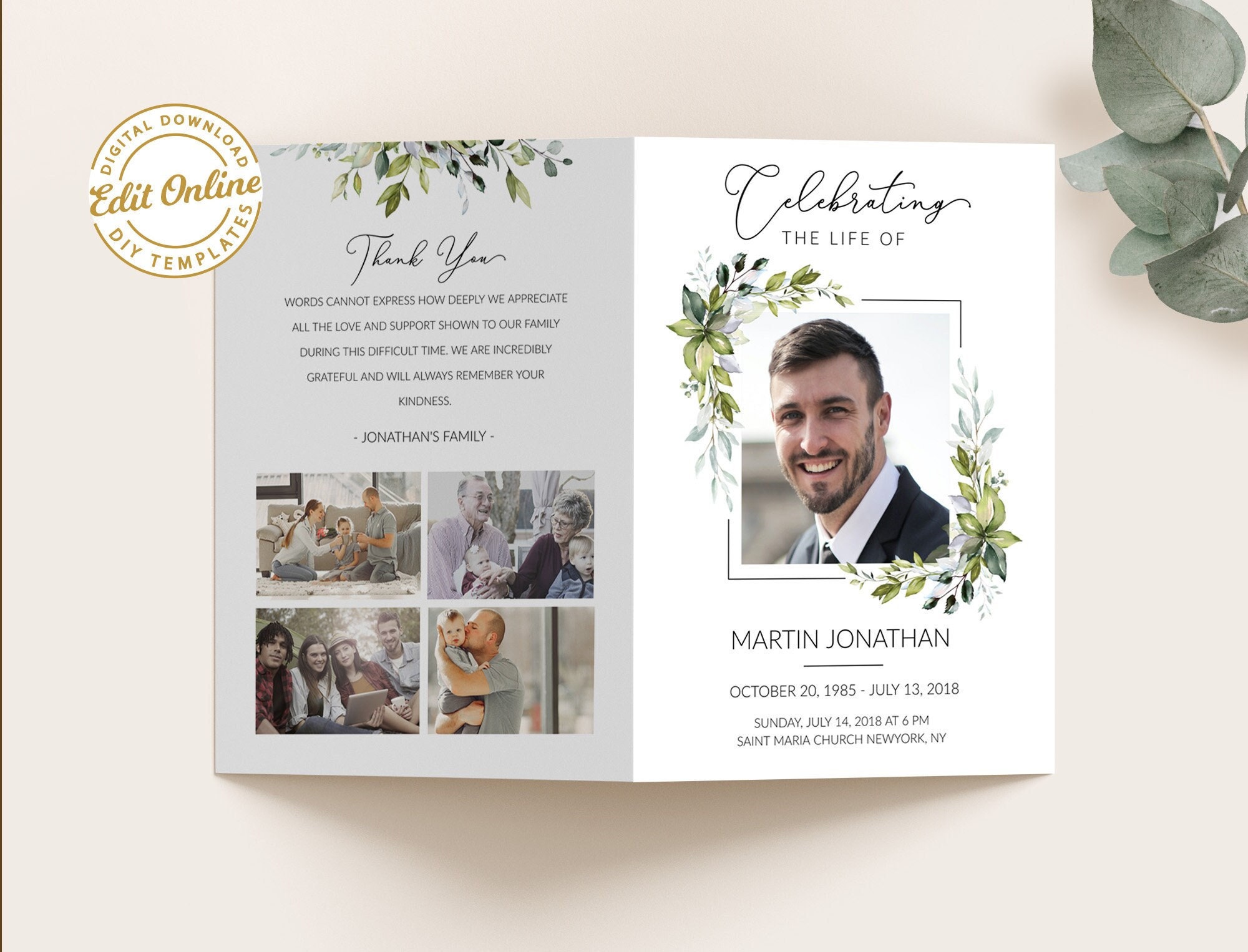 Editable Funeral Program Template Greenery Funeral Program Template ...