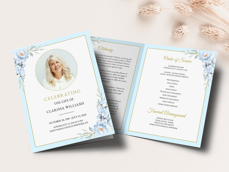 Editable Funeral Program Soft Blue Roses Elegant Memorial Service ...