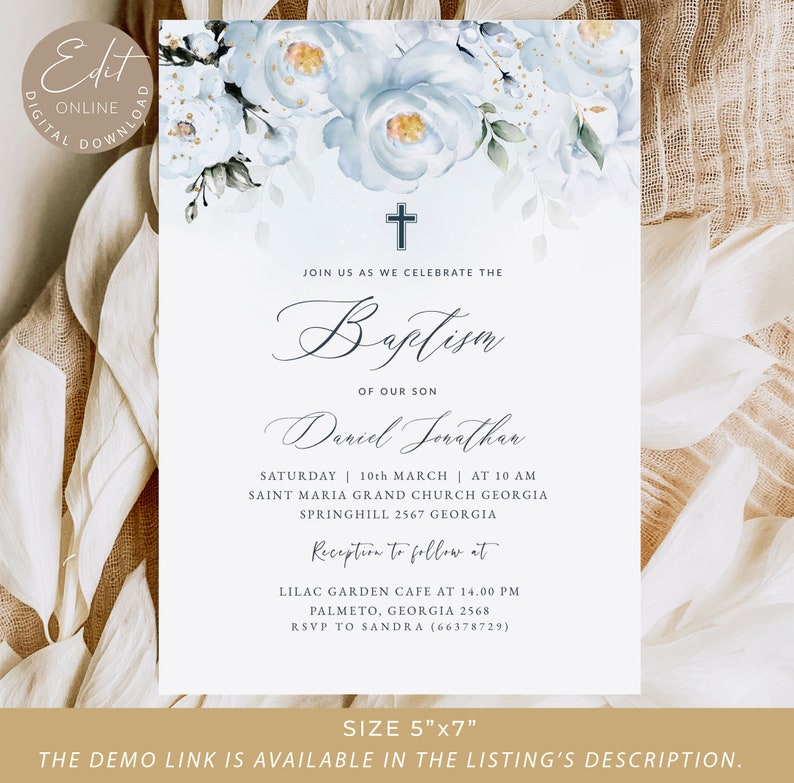 Boy BAPTISM Invitation, First Communion Invitation Template, Baby Blue ...