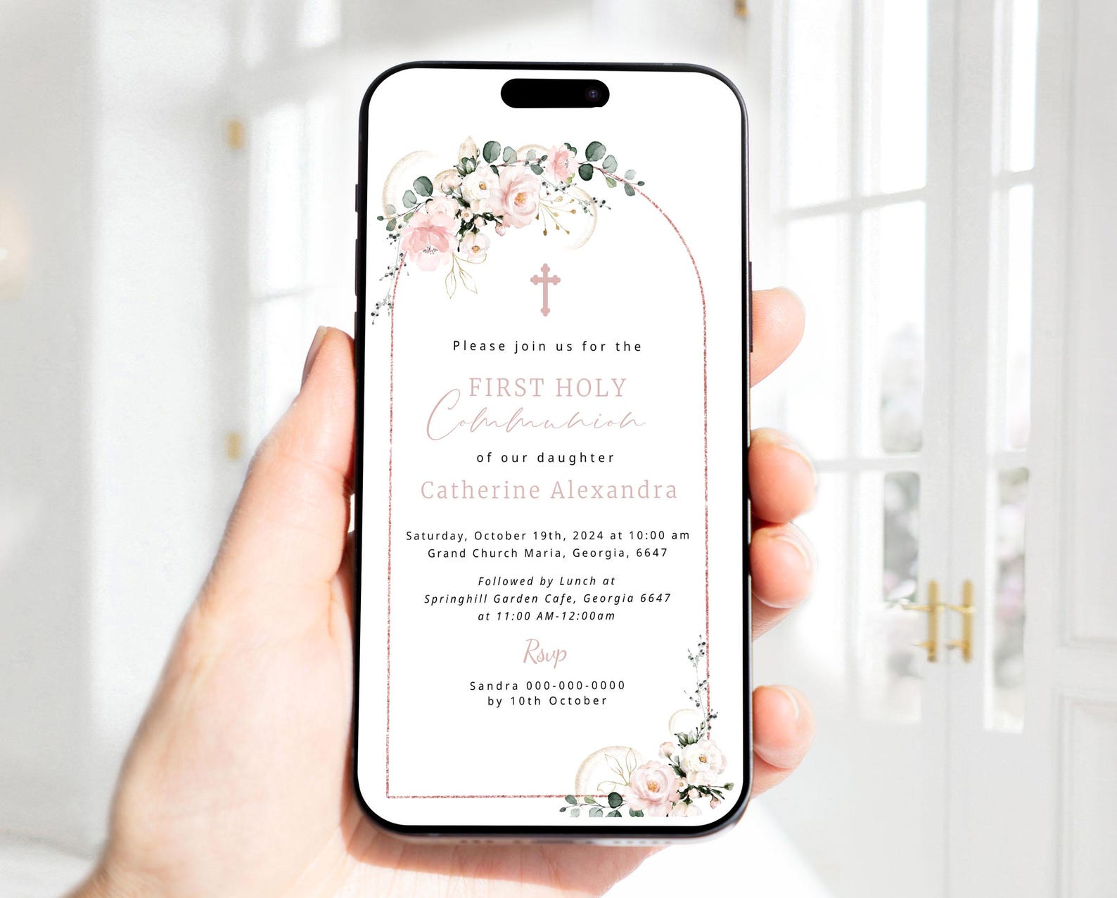 Digital First Holy Communion Text Invitation Template Rustic Pink ...