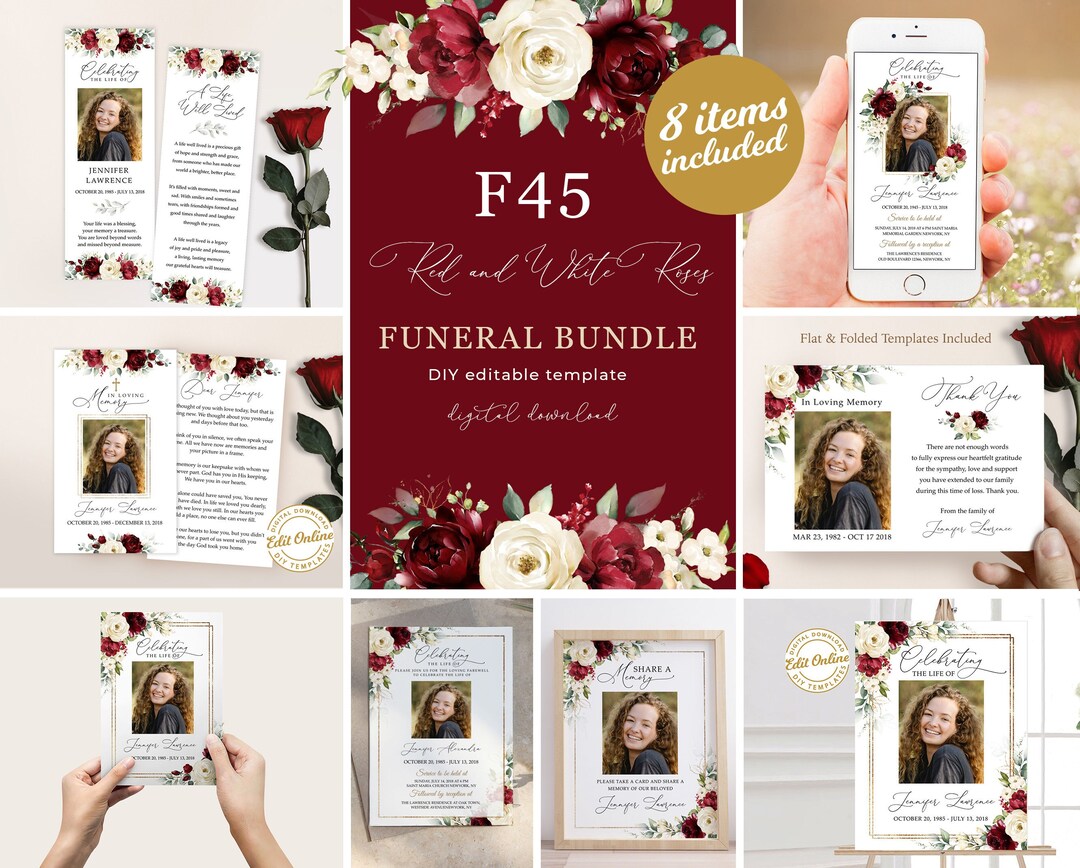 Editable Funeral Bundle Template Red White Roses Flower Celebration of ...