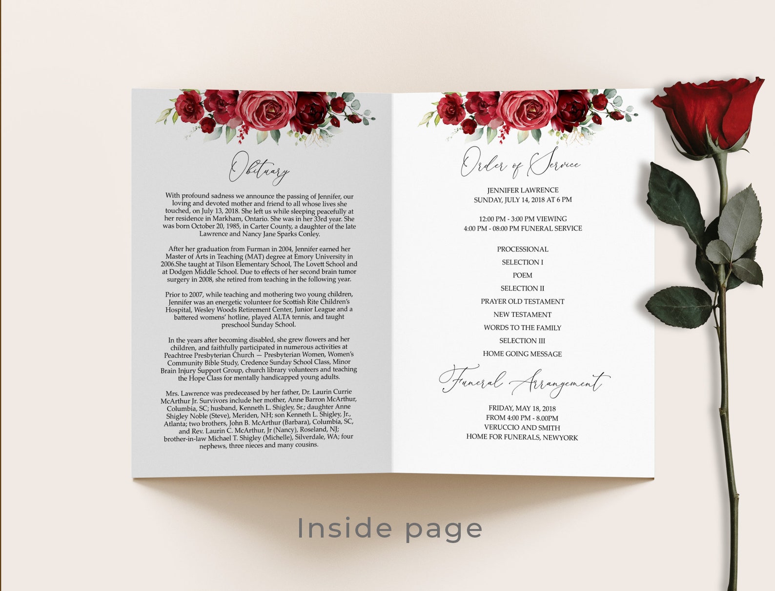 Editable Funeral Program Template, Memorial Service Template, Red Roses ...