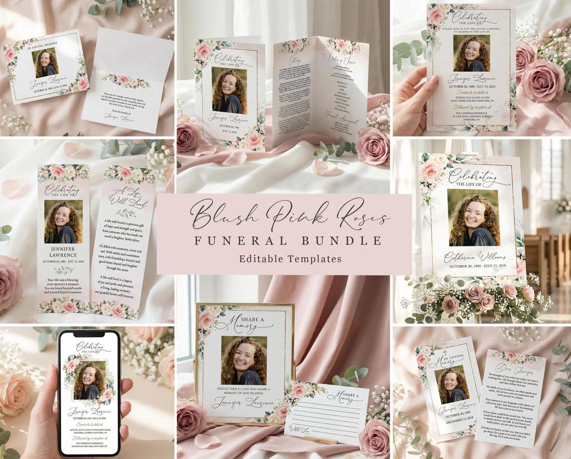 Editable Funeral Bundle Template Pink Blush White Roses Watercolor ...