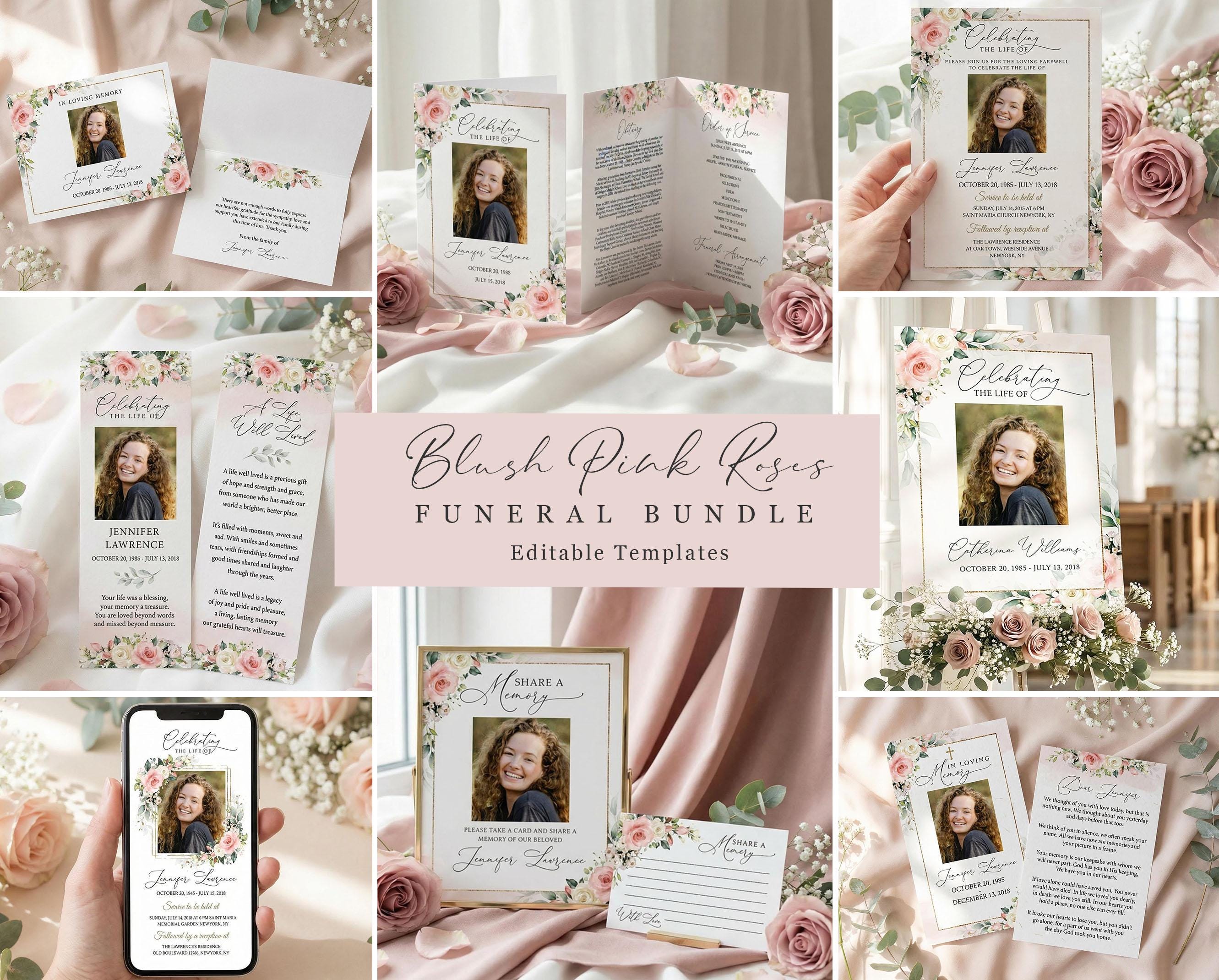 Editable Funeral Bundle Template Pink Blush White Roses Watercolor ...