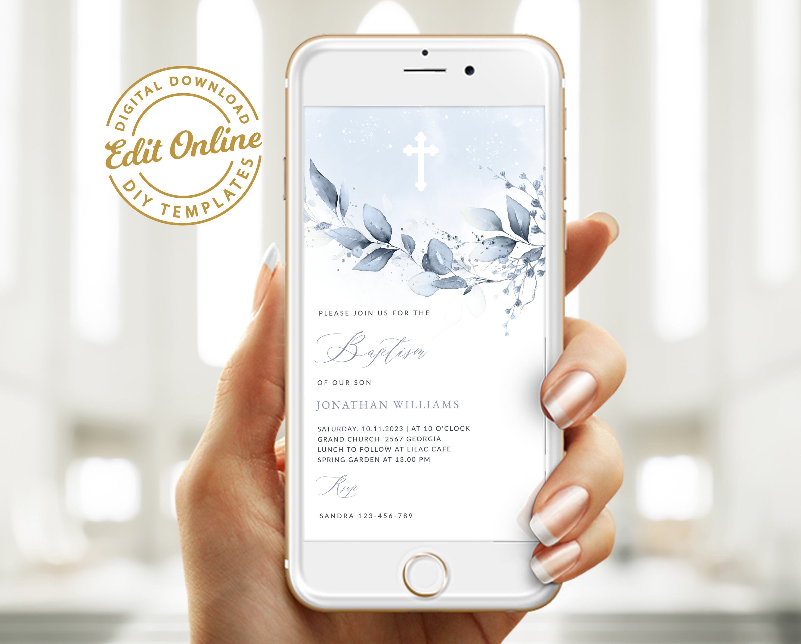 Digital Baptism Text Invitation Template, Blue Leaves Theme, Blue ...