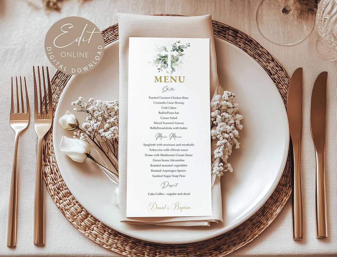 BAPTISM Menu Template, First Communion Dinner Menu, Greenery Baptism ...