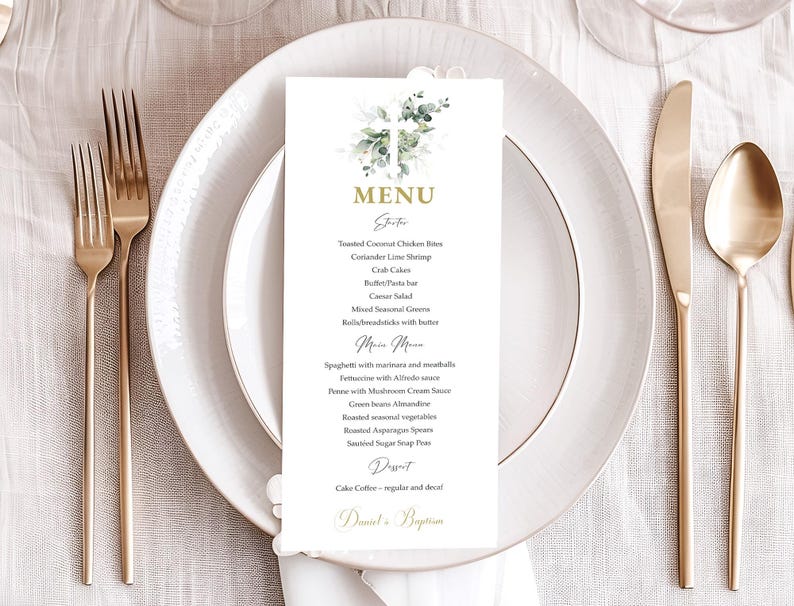 BAPTISM Menu Template, First Communion Dinner Menu, Greenery Baptism ...
