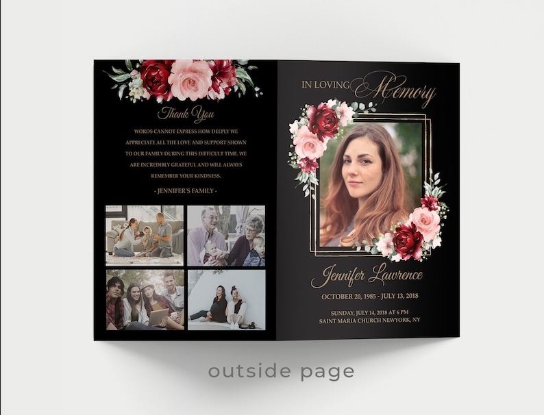 Editable Funeral Program Template Black Gold Red Roses, Floral Memorial ...