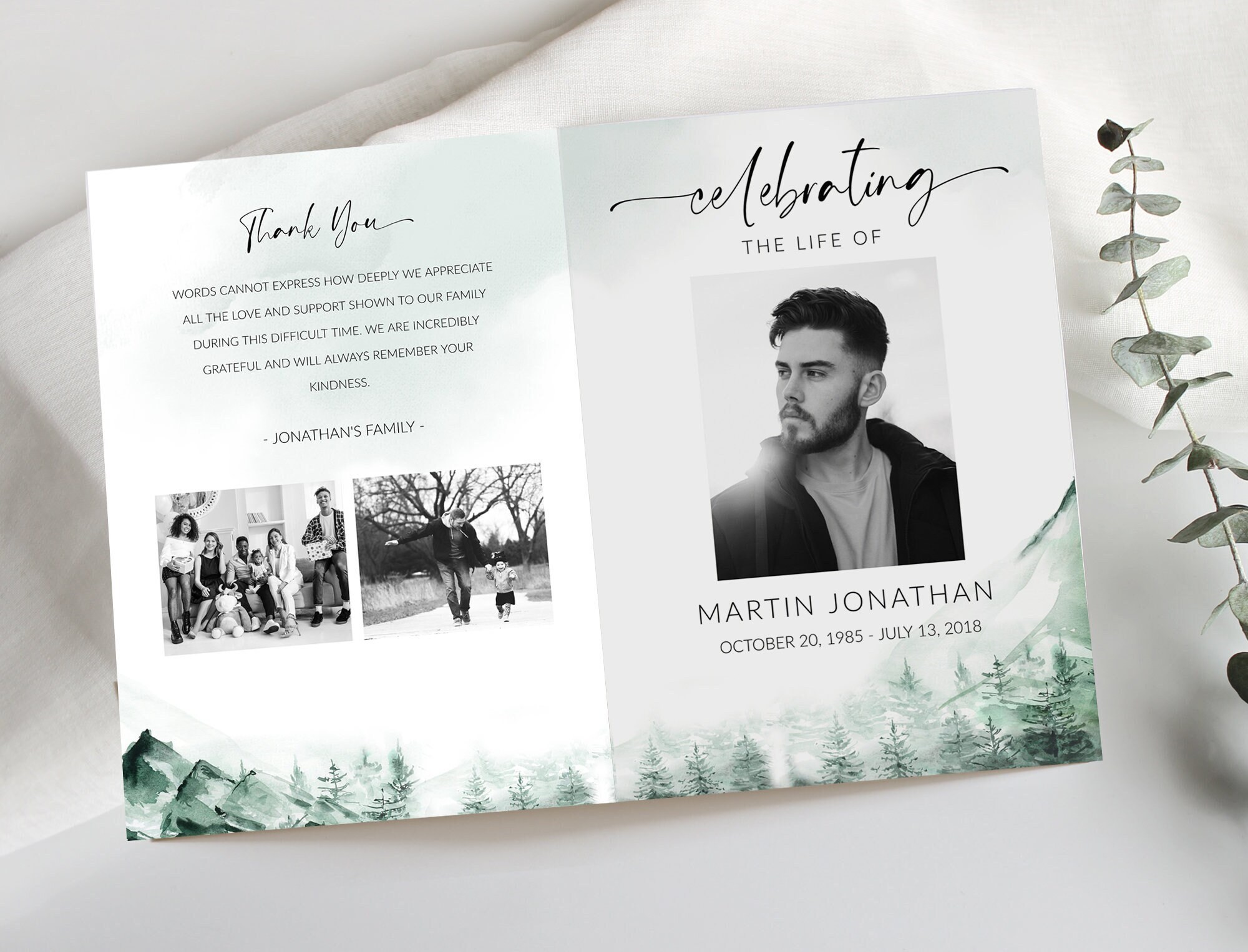 Editable Funeral Program Template, Funeral Program Green Watercolor ...