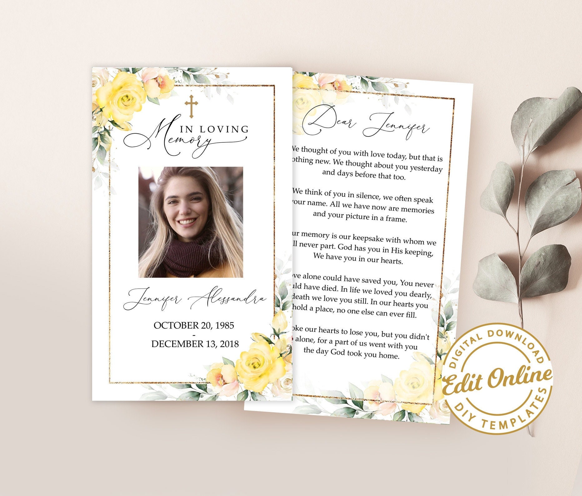 Editable Funeral Prayer Card Template Yellow Roses Editable Memorial ...