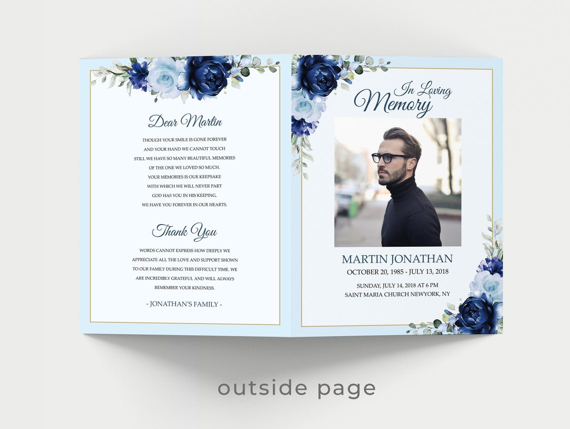 Letter Bi-fold Funeral Program Template Blue Roses, Letter Memorial ...