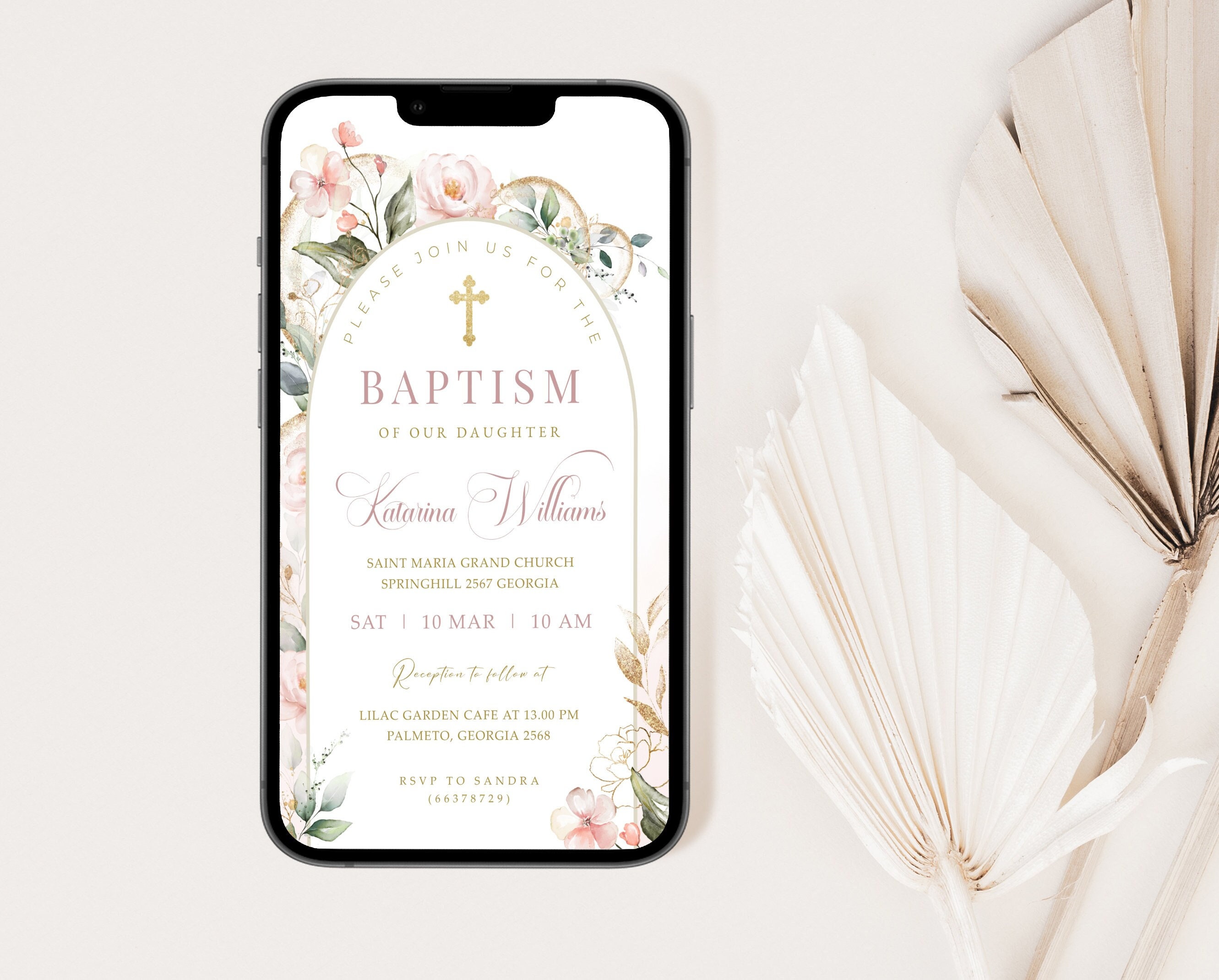 Digital Baptism Evite Invitation Template, Blush Pink Flowers, Pink ...