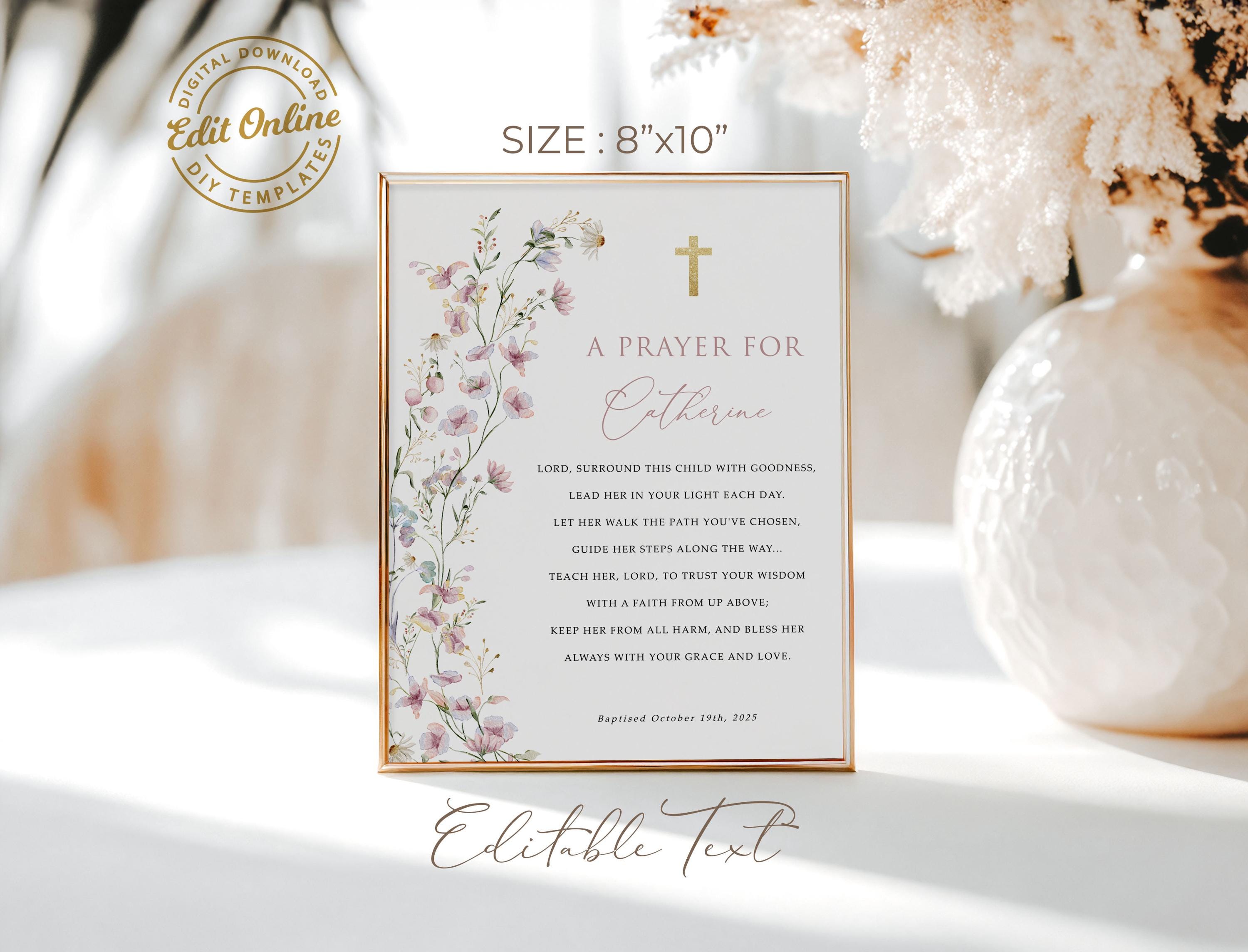 Girls Baptism Prayer Sign Template, Pink Wildflower Baptism, Printable ...