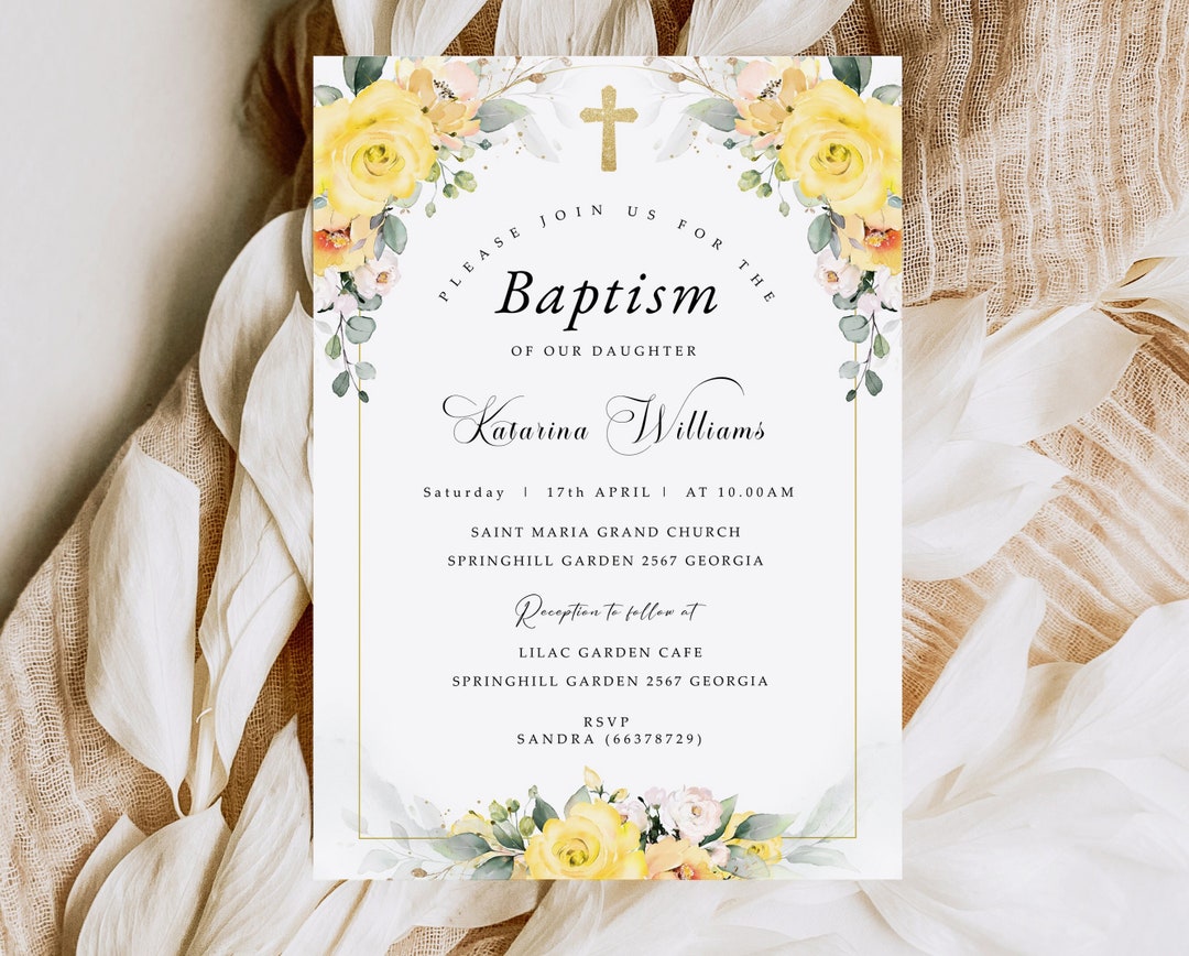 Baptism Invitation Template, Yellow Flowers, Editable, Yellow Baptism ...