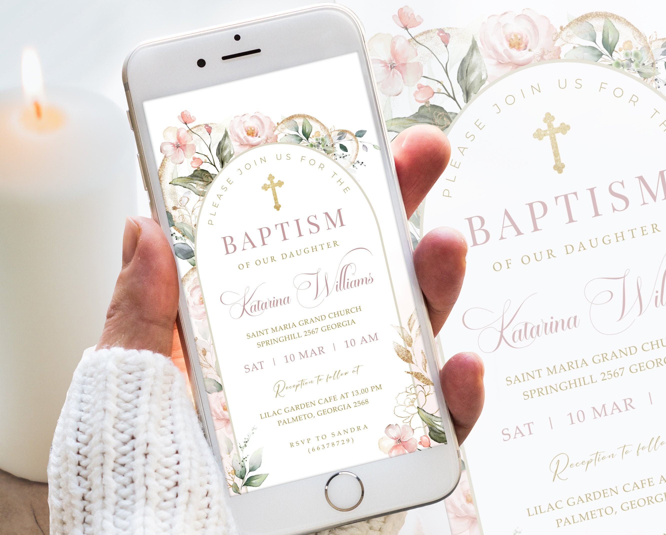Digital Baptism Evite Invitation Template, Blush Pink Flowers, Pink ...