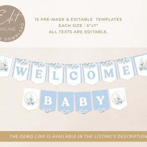Baby Shower Pennant Banner Template Dusty Blue Rose, Baby Shower ...