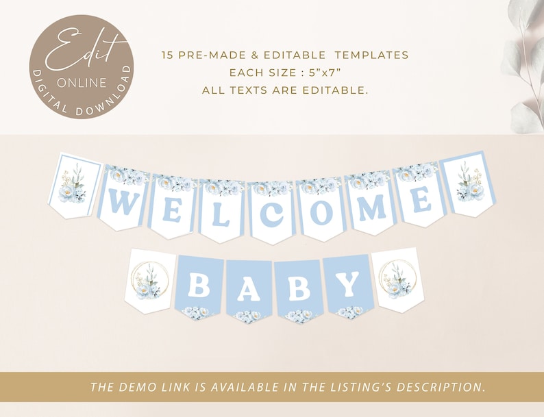 Baby Shower Pennant Banner Template Dusty Blue Rose, Baby Shower ...