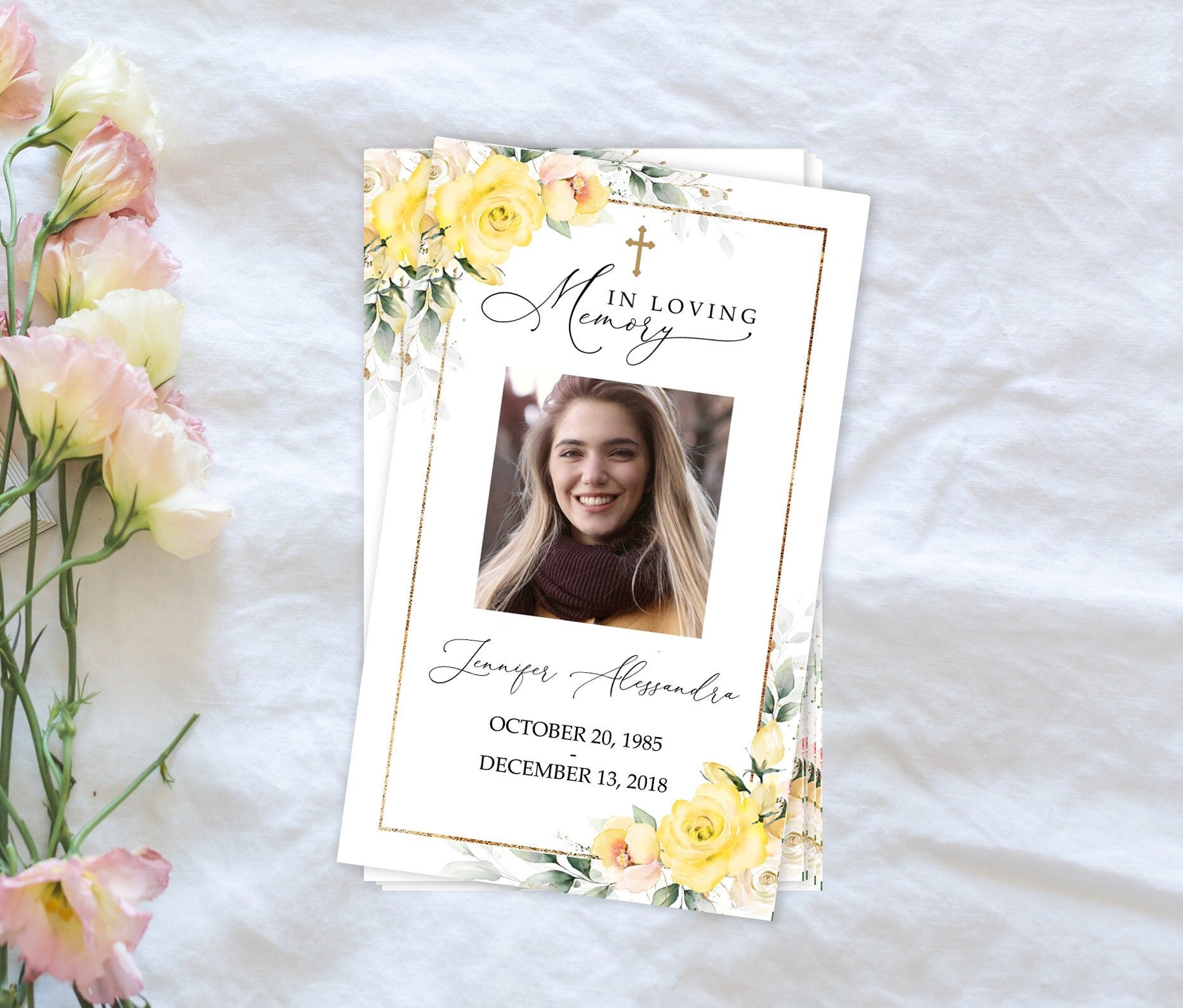 Editable Funeral Prayer Card Template Yellow Roses Editable Memorial ...