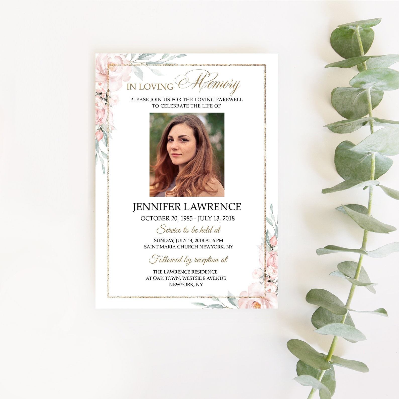 Editable Funeral Invitation Funeral Announcement Template Pink Rose ...