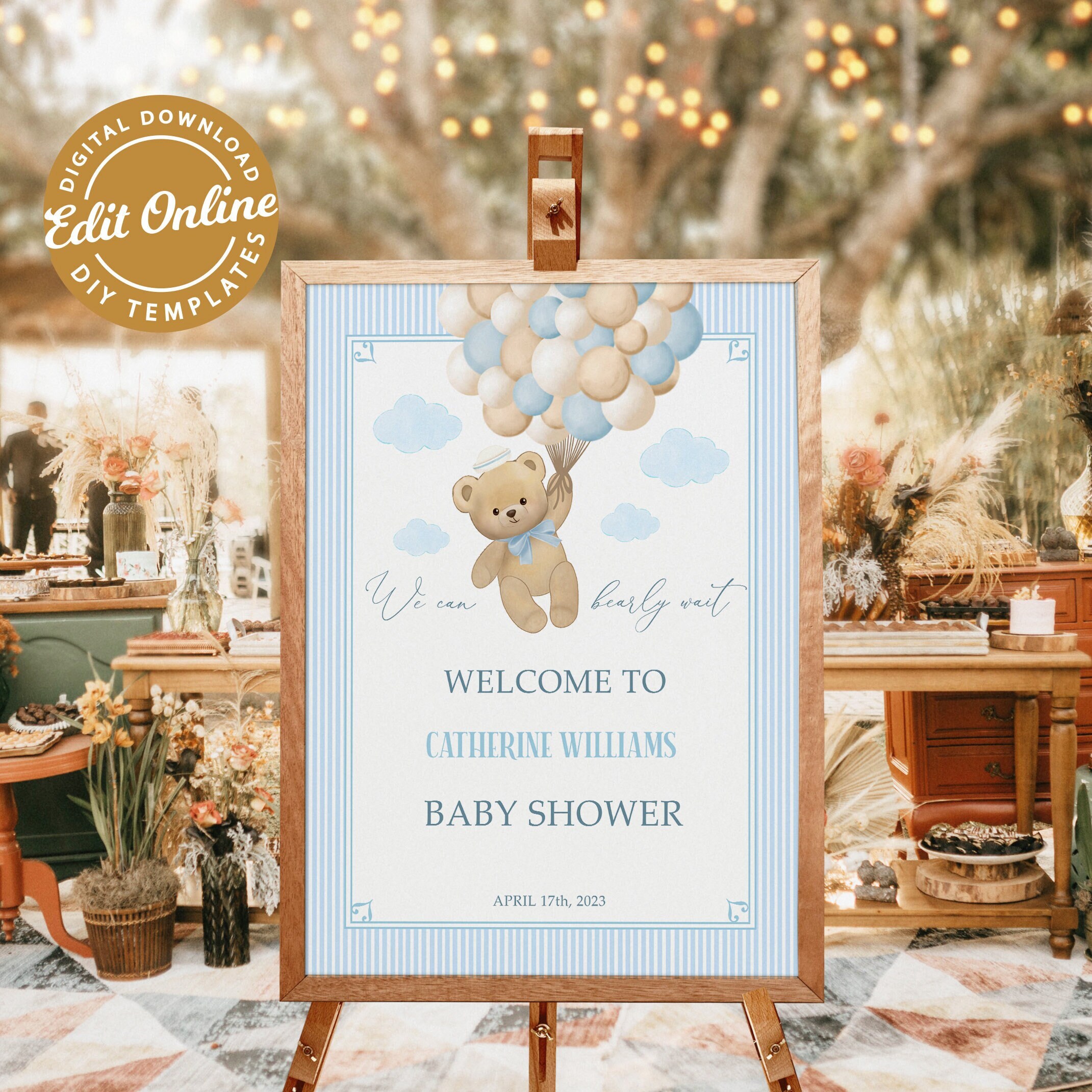 Editable Teddy Bear Baby Shower Welcome Sign, Blue Teddy Bear Baby ...