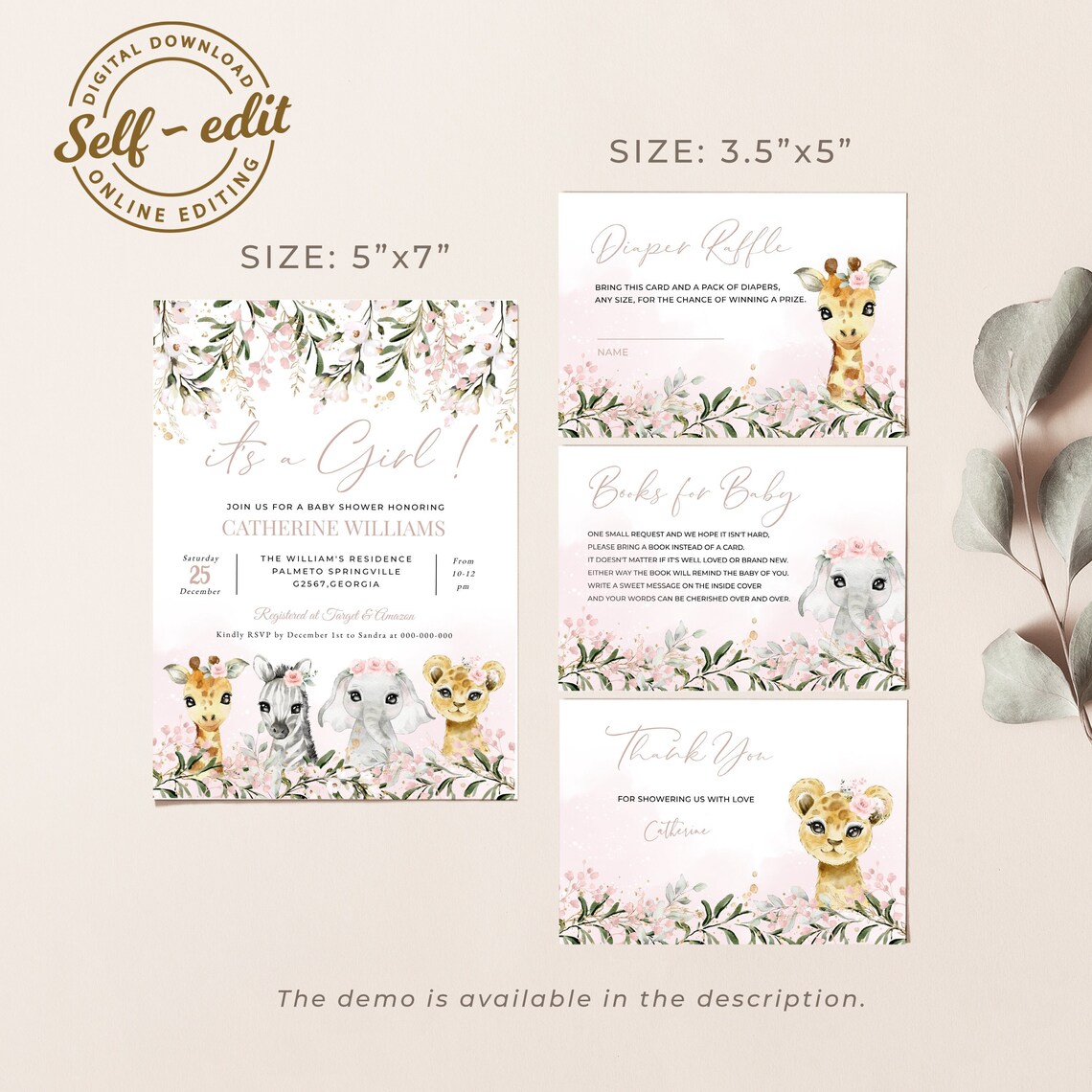 Editable Girl Pink Blush Safari Baby Shower Invitation Template It's a ...