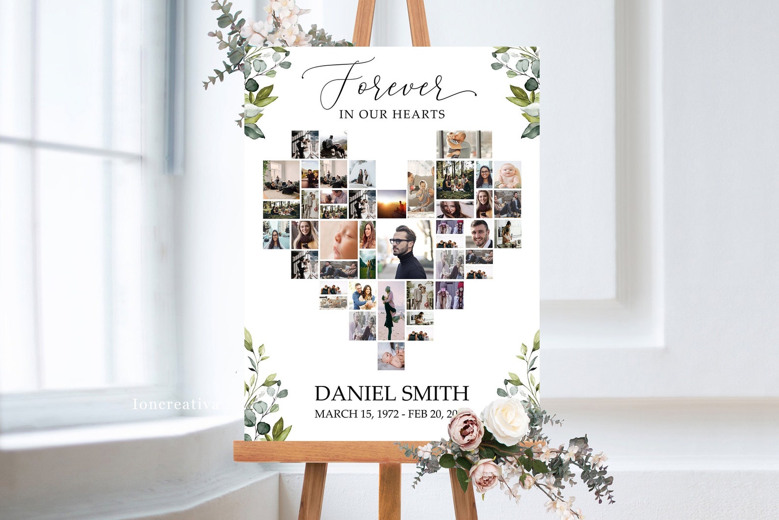 Heart Collage Funeral Welcome Sign, Greenery Heart Photo Collage ...