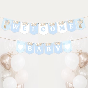 Editable Blue Hot Air Ballon Baby Shower Pennant Banner Template | Boy ...