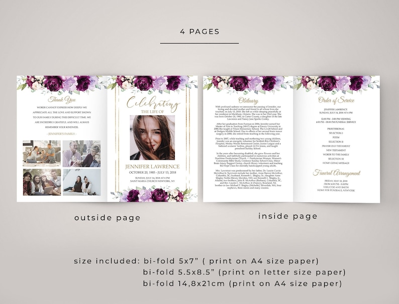 Editable Funeral Program Template,purple Roses Programs Memorial ...