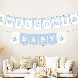 Baby Shower Pennant Banner Template Dusty Blue Rose, Baby Shower ...