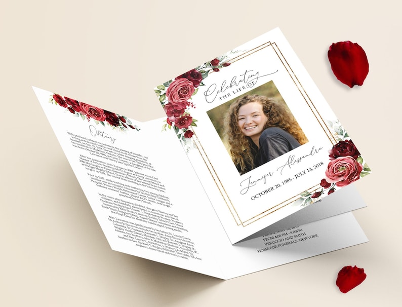 Editable Funeral Program Template, Memorial Service Template, Red Roses ...