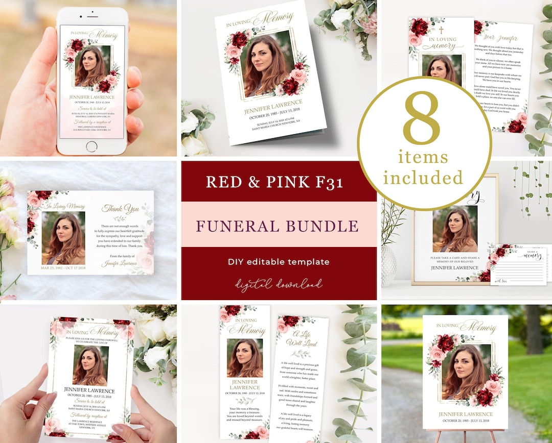 Editable Funeral Bundle Template Red Pink Blush Roses Watercolor Floral ...