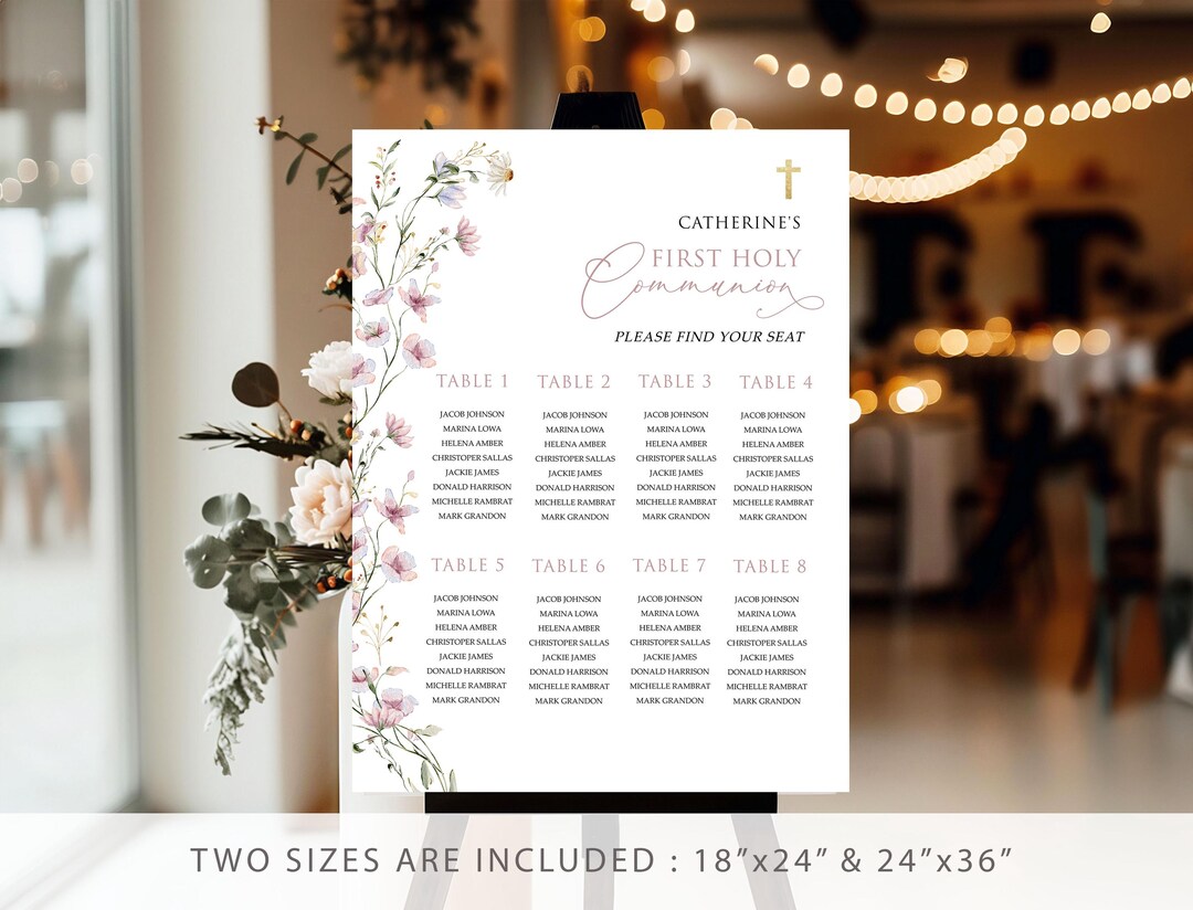 Girls First Holy Communion Seating Chart Template, Pink Wildflower ...