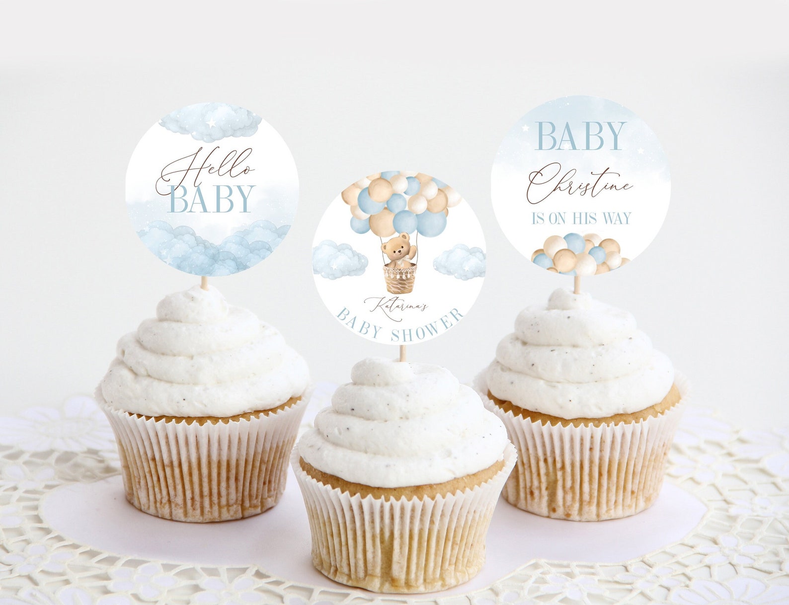 Editable Bear Blue Air Hot Balloon Baby Shower Cupcake Toppers, Blue ...