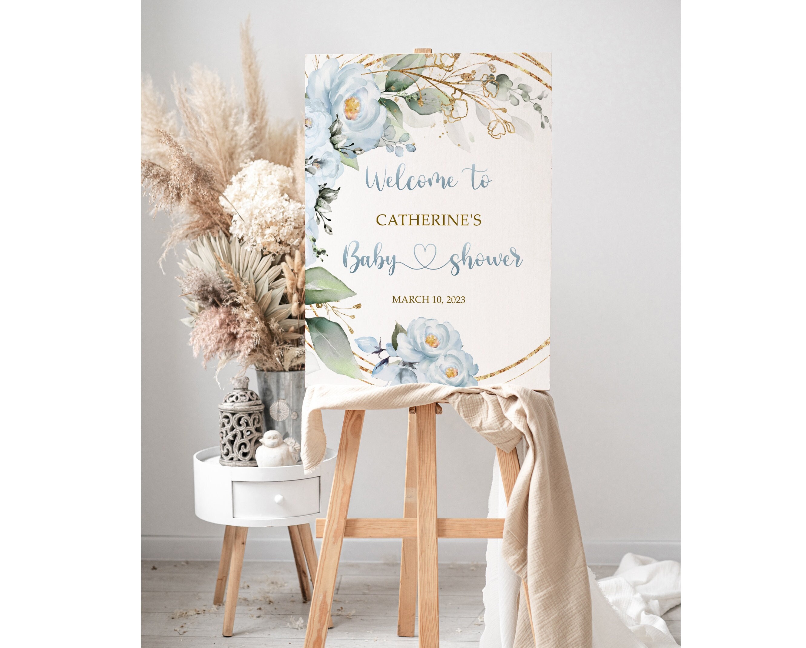 Blue Baby Boy Baby Shower Welcome Sign, Blue Floral Baby Shower Welcome ...