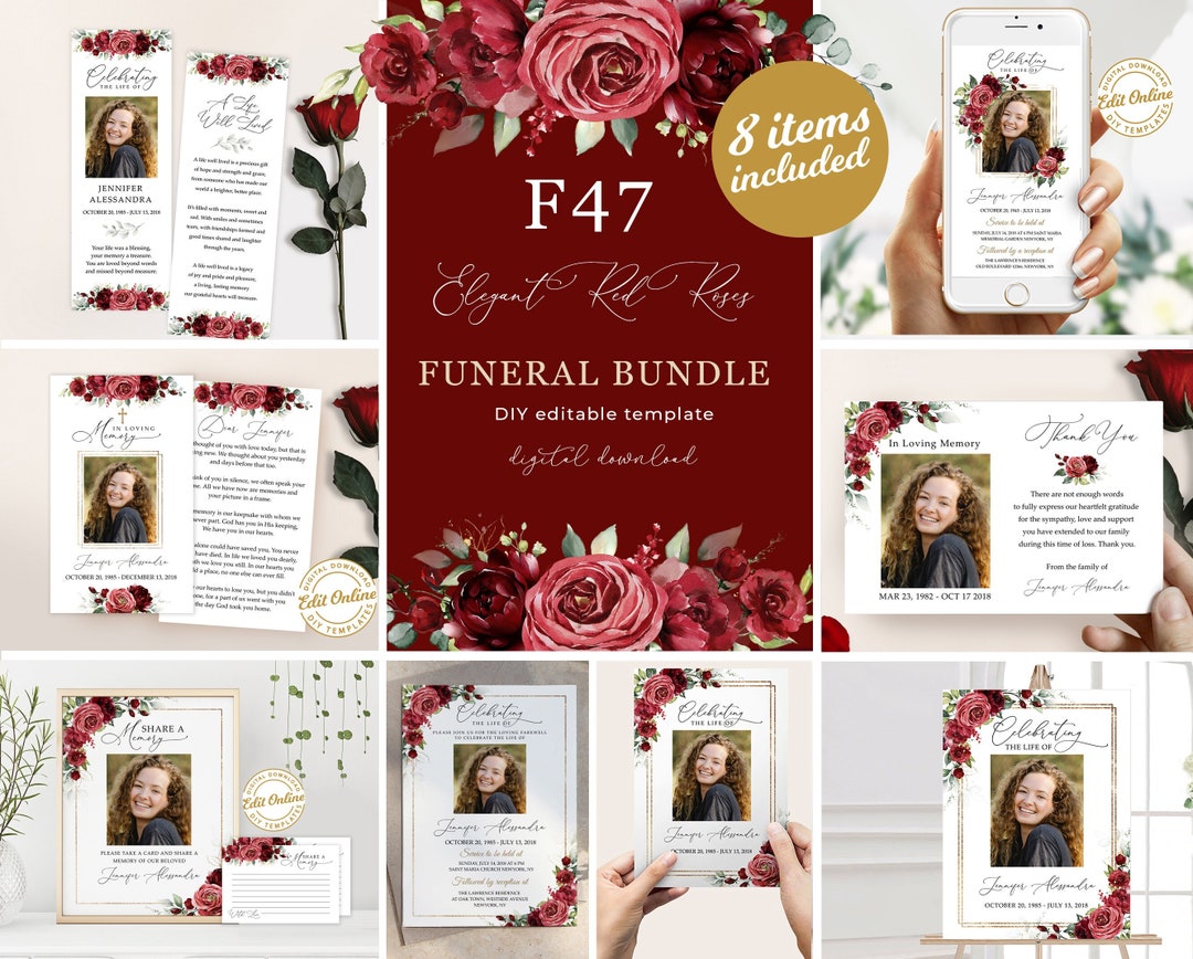 Editable Funeral Bundle Template Red Roses, Flower Celebration of Life ...